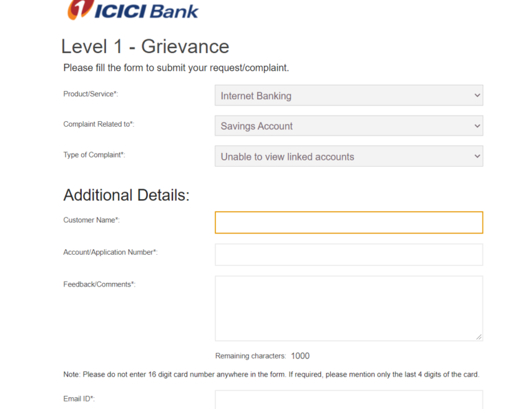 ICICI Bank Complaint Form Online