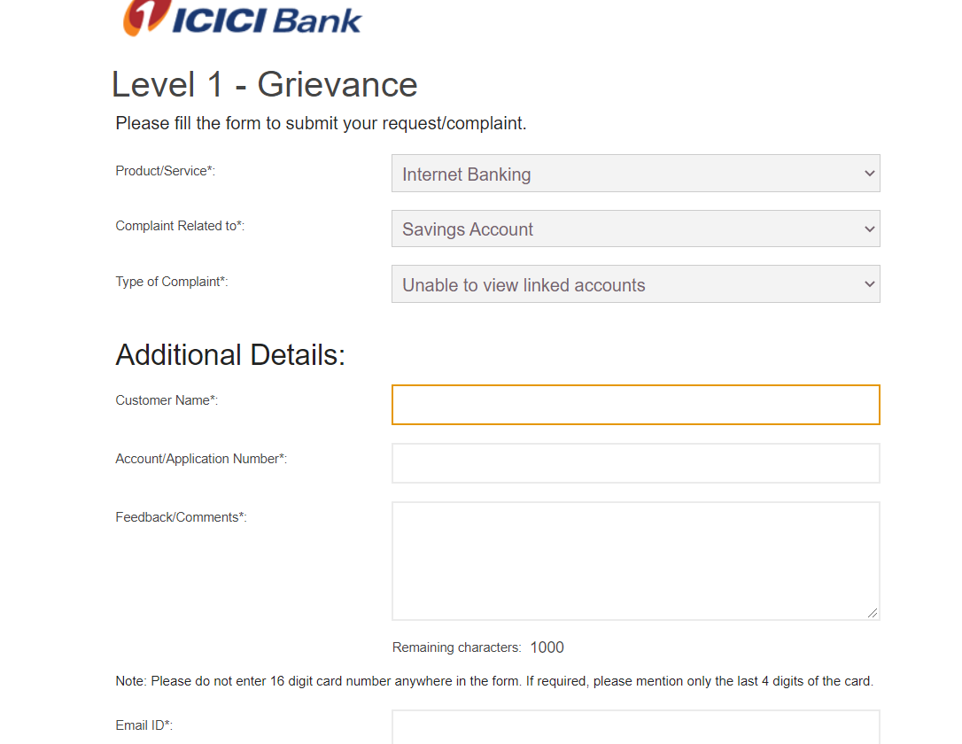ICICI Bank Complaint Form Online